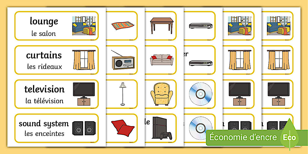 Cartes de vocabulaire anglais/français : le salon - Twinkl