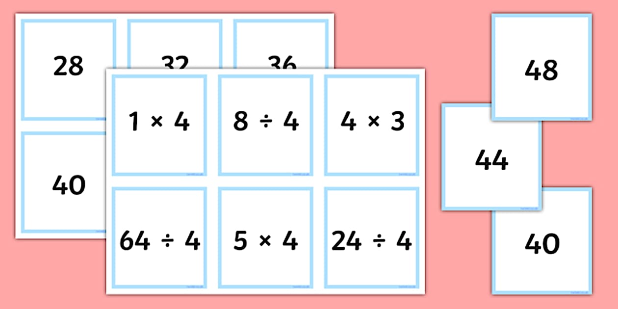 Multiplication and Division Facts for the 4 Times Table Matching Cards