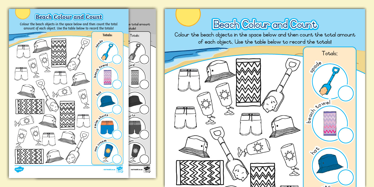 Beach Colour and Count Worksheet (teacher made) - Twinkl