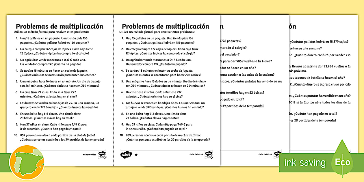 Fichas de actividad por niveles: Problemas de multiplicación.