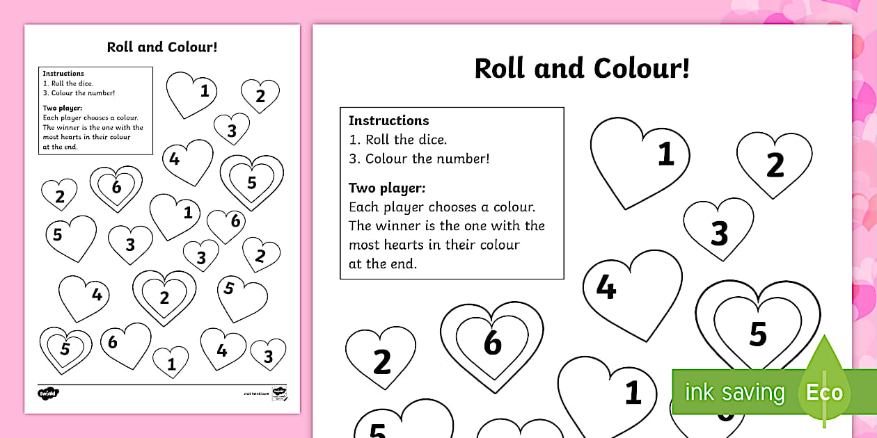 Valentine's Day Roll and Colour Activity | Addition - Twinkl