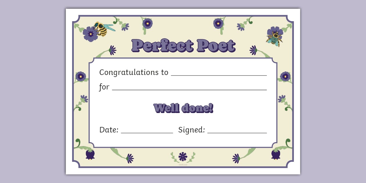 Bee-Themed Perfect Poet Certificate (teacher made) - Twinkl
