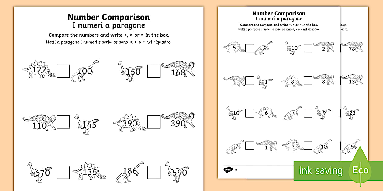 Dinosaur Themed Number Comparison Worksheet / Worksheets English/Italian