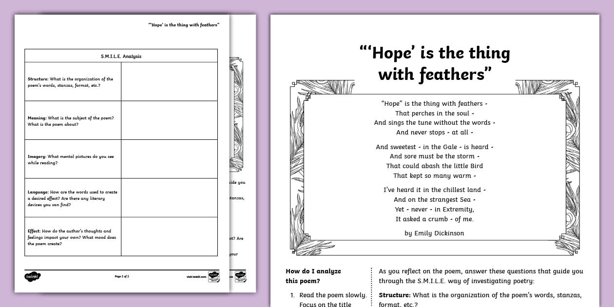 Seventh Grade Poetry Analysis Worksheet: Hope is the thing with feathers by