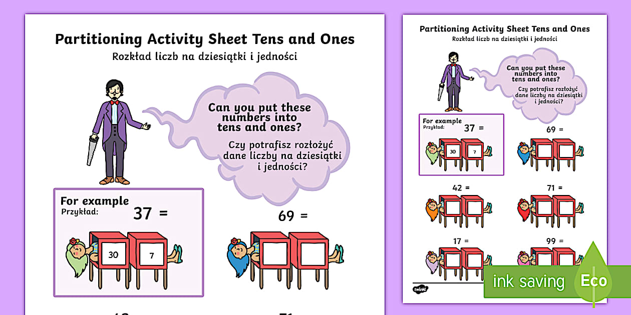 Black and White Maths Magician Partitioning Worksheet Tens and Ones