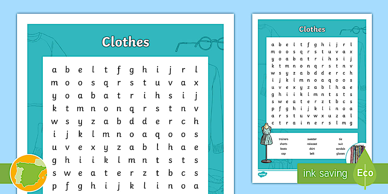 A2 Sopa de letras: Ropa - inglés (teacher made) - Twinkl
