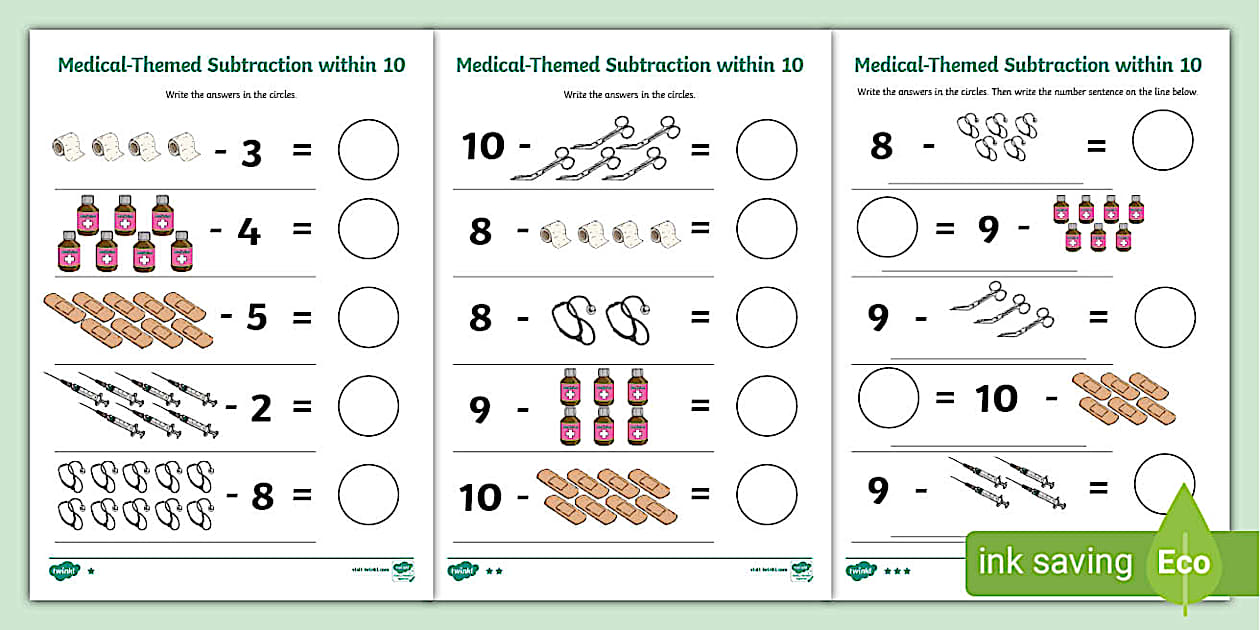 Black and White Medical-Themed Subtraction Within 10 Differentiated ...