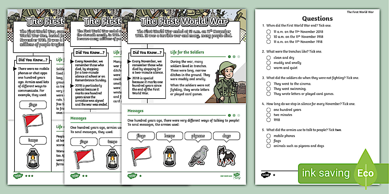 WW1 stories (KS1) Differentiated Reading Activity - Twinkl