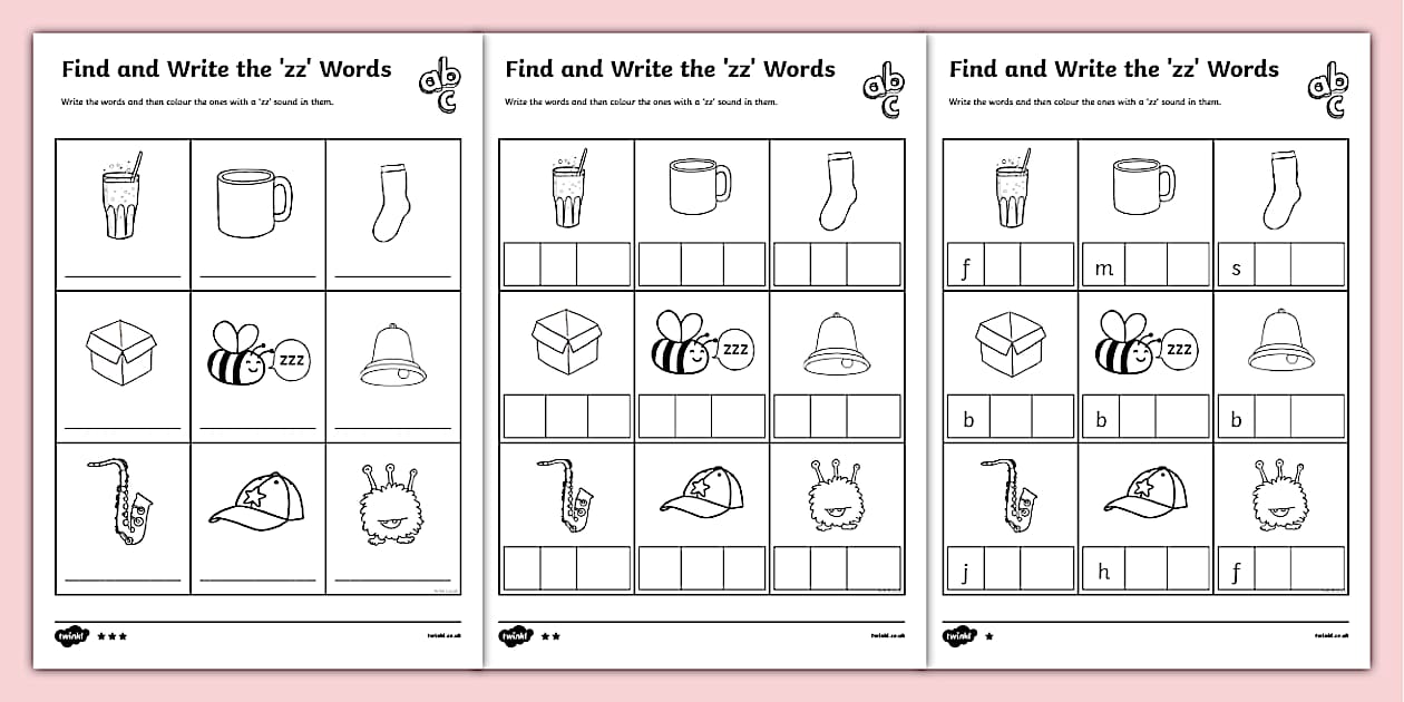Editable Find and Write the zz Words Differentiated Worksheet Pack