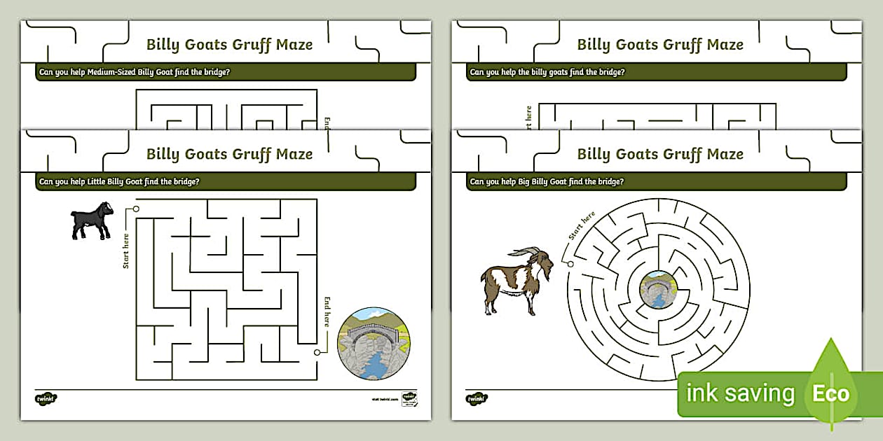 Black and White The Three Billy Goats Gruff Pencil Control Maze ...