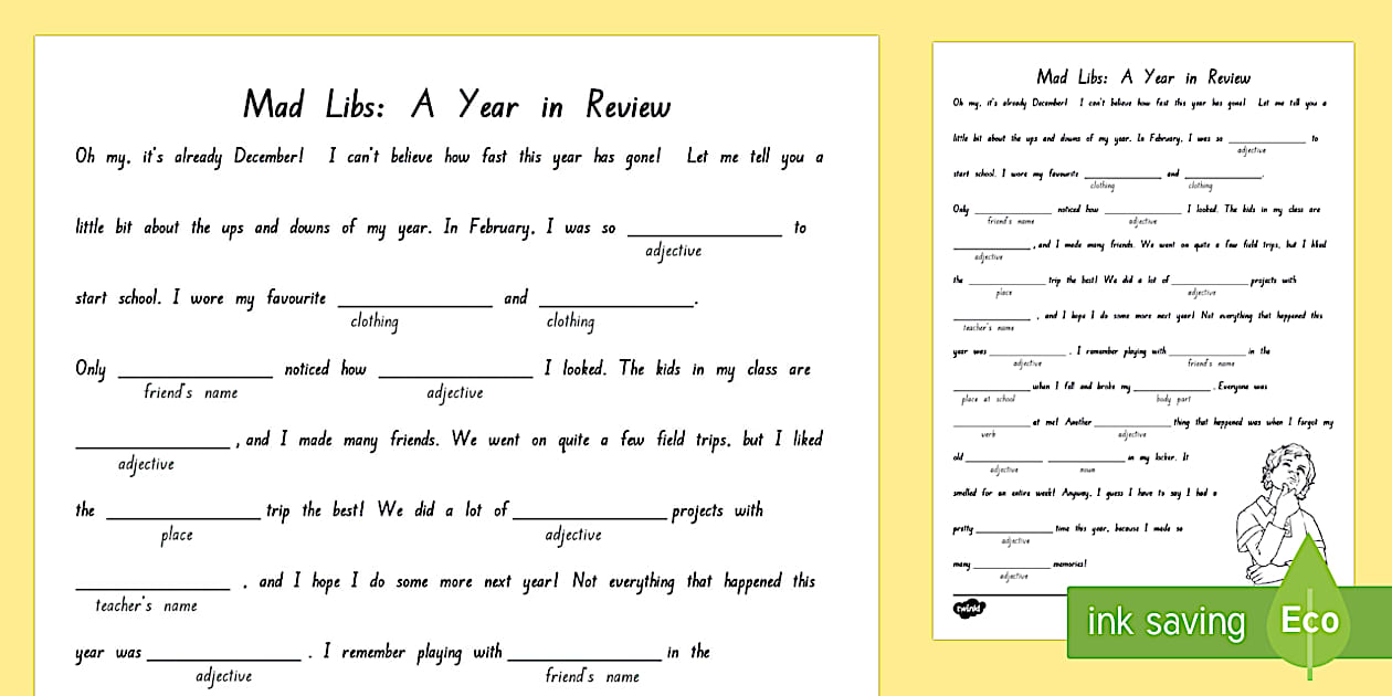 Mad Libs Worksheet - Year in Review (teacher made) - Twinkl