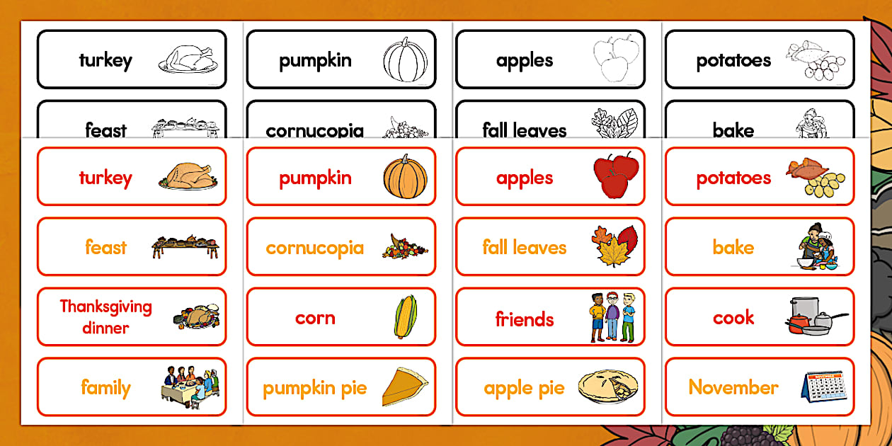 Thanksgiving Word Cards (Teacher-Made) - Twinkl
