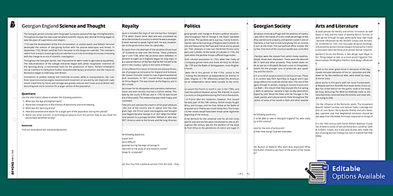 Editable Georgian Era Context Worksheets (teacher made)