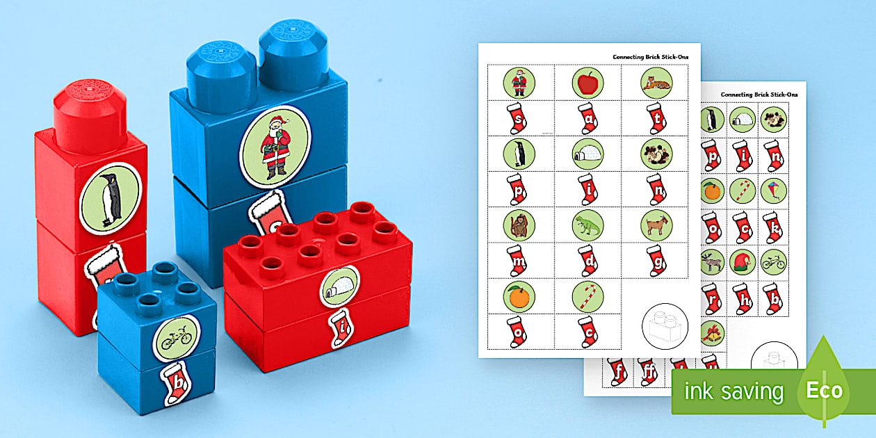 Phonics Phase 2 Christmas Stocking Matching Connecting Bricks Game