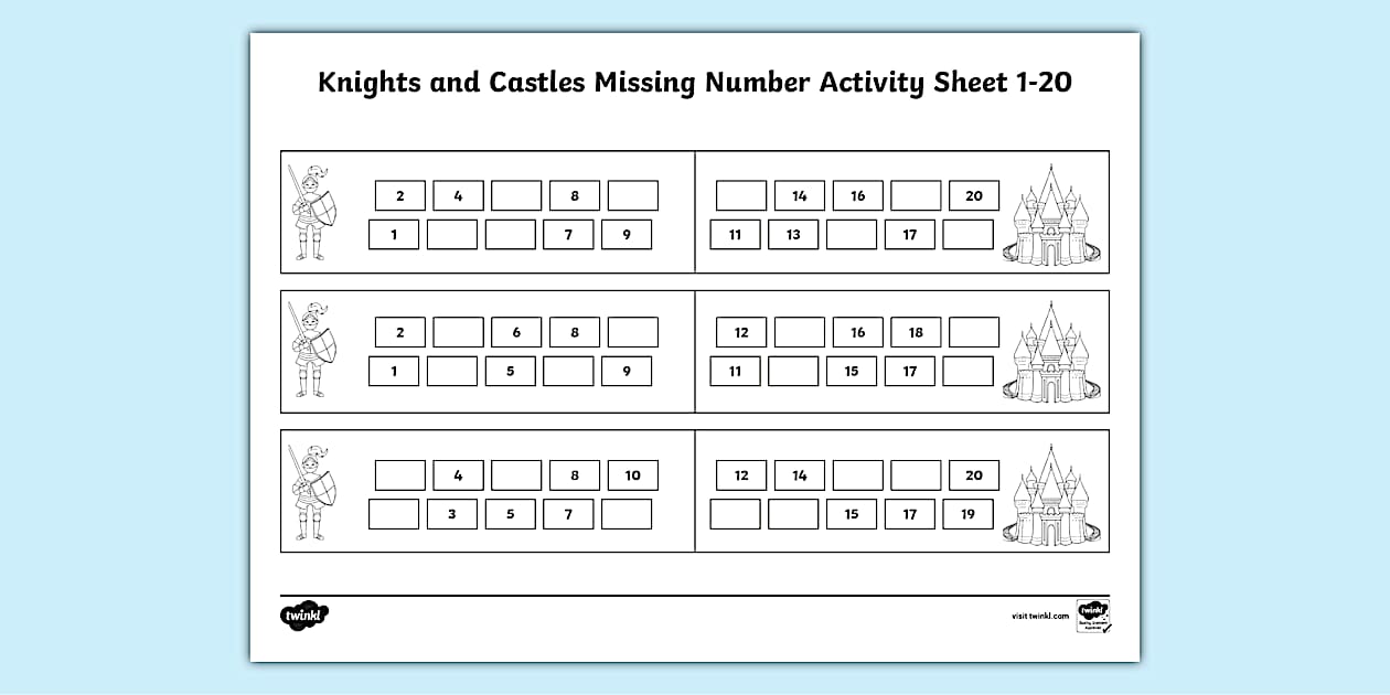 Higher Ability Knights and Castles Missing Number Worksheet 1-20