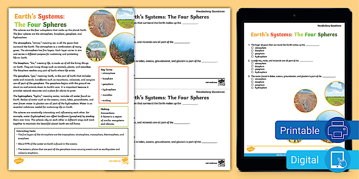 Fifth Grade Earth's Four Spheres Fact File and Vocab Questions