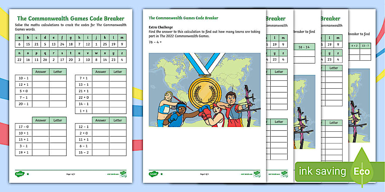 KS1 The Commonwealth Games Code Breaker Worksheets - Twinkl