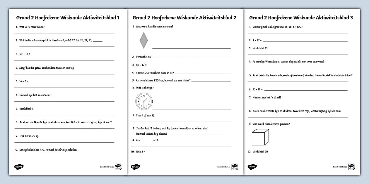 Graad 2 Hoofrekene Wiskunde Aktiwiteitsblaaie