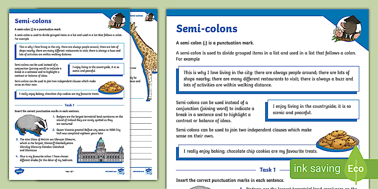 Semi-Colons Activity Sheets (teacher made) - Twinkl