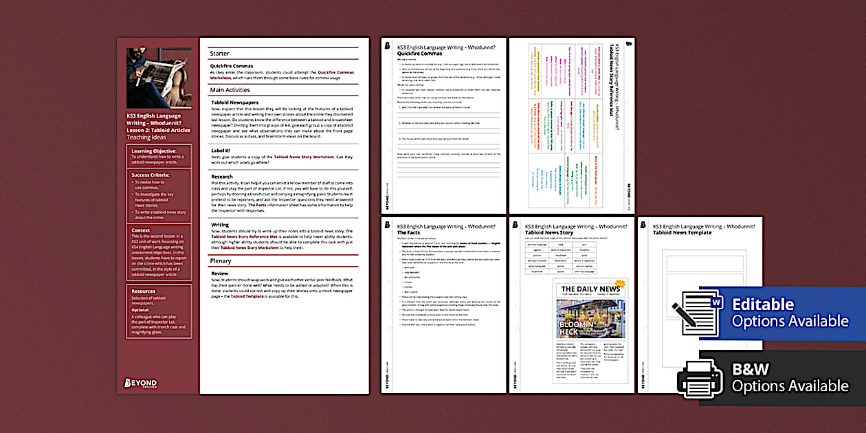 Editable KS3 English Language Writing: Whodunnit? Lesson 2: Tabloid ...
