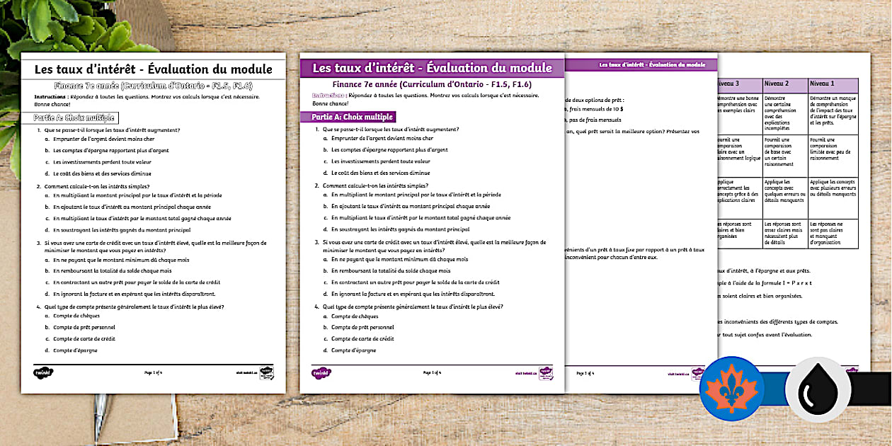 Grade 7 Interest Rates Assessment French