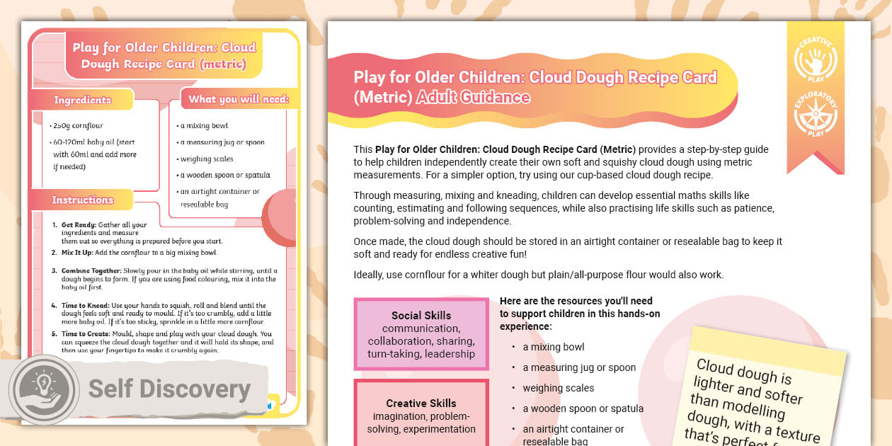 Play for Older Children: Cloud Dough Recipe Card (Metric)