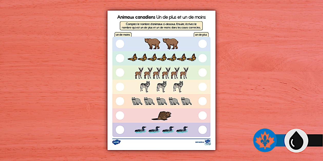 Canadian Animals One More and One Less Activity Sheet French