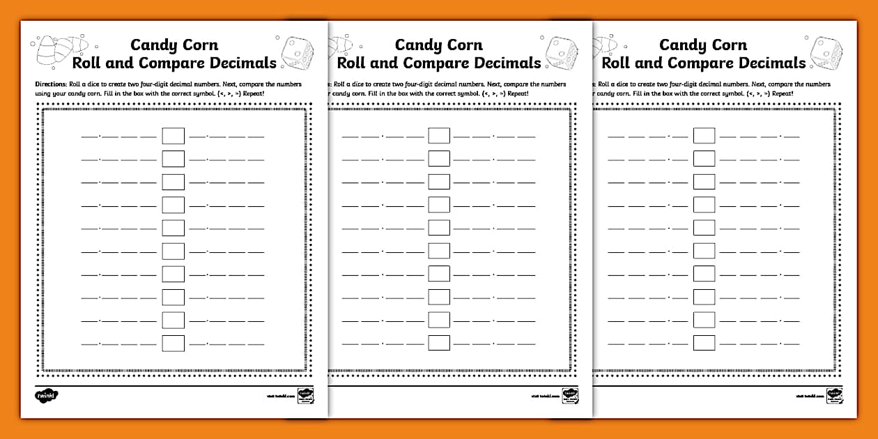 Candy Corn Roll and Compare Decimals Worksheet for 3rd-5th Grade
