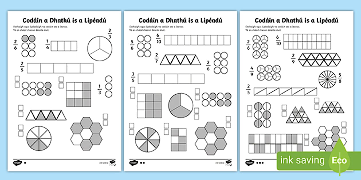 Colour and Label Fractions Worksheet Gaeilge