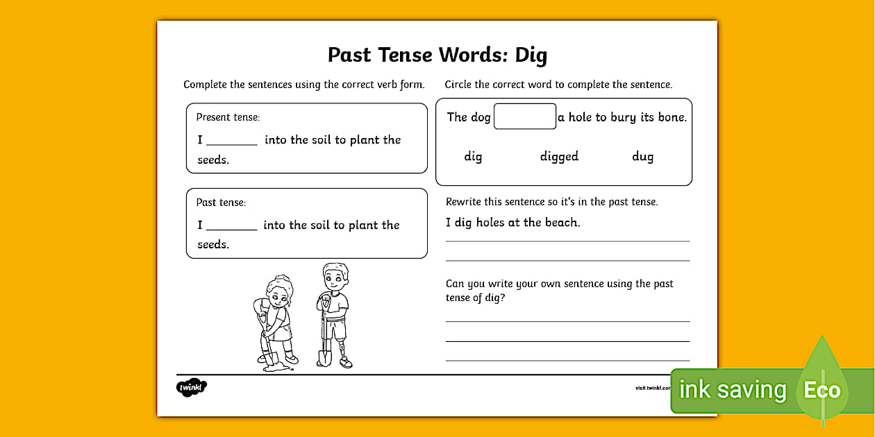 Past Tense Words - Dig Worksheet (teacher made) - Twinkl