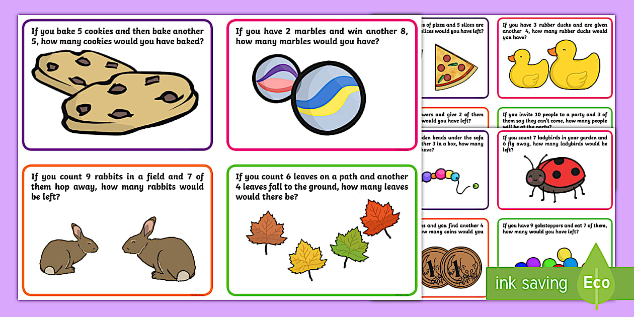 Black and White Addition and Subtraction to 10 Word Problem Challenge Cards