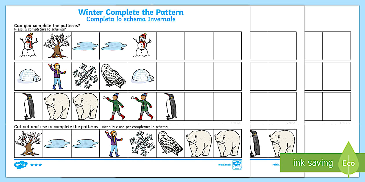 Winter Themed Complete the Pattern Worksheet / Worksheet English/Italian