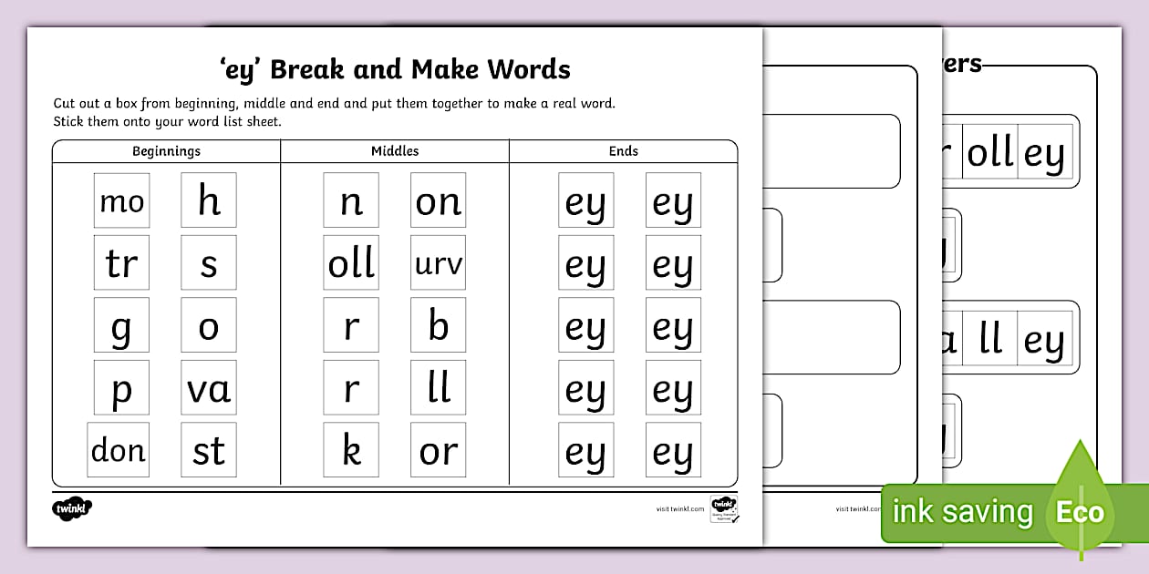 'ey' Break and Make Words Worksheet (teacher made) - Twinkl
