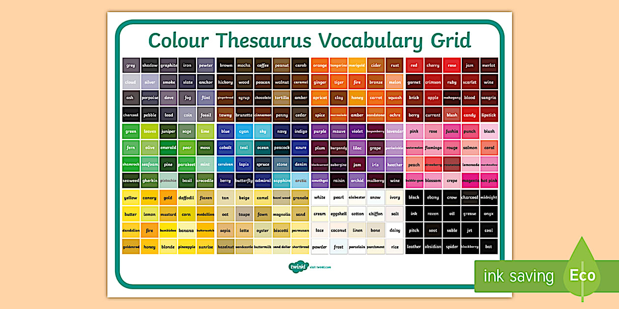 Colour Thesaurus Vocabulary Grid (professor feito) - Twinkl