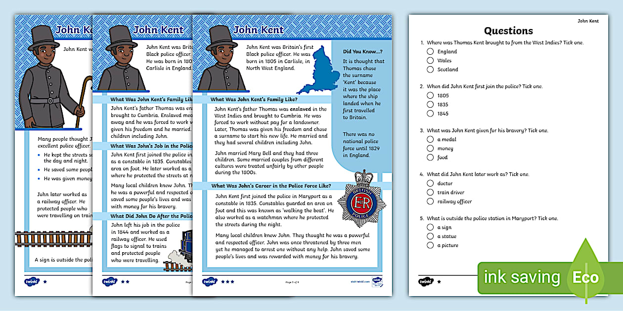 KS1 John Kent Differentiated Reading Comprehension Activity