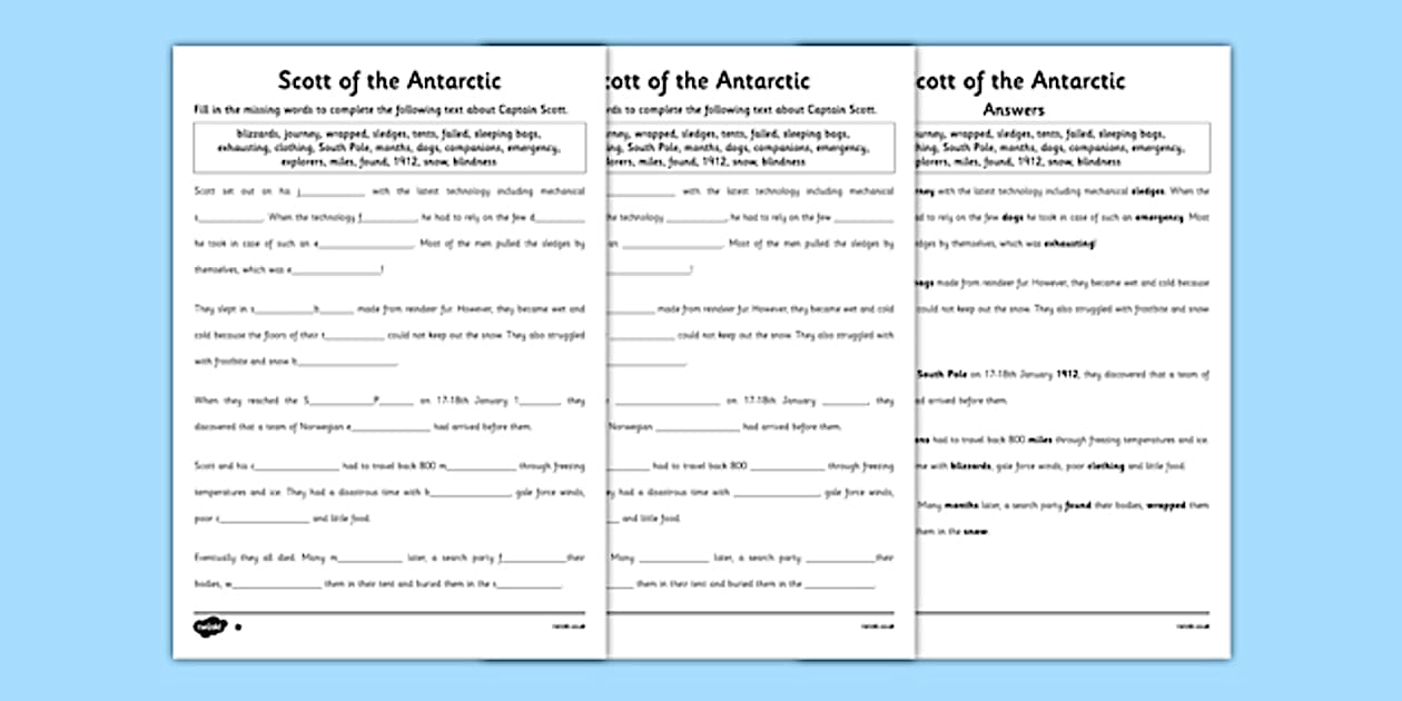 Scott of the Antarctic Cloze Activity with Word Bank Differntiated