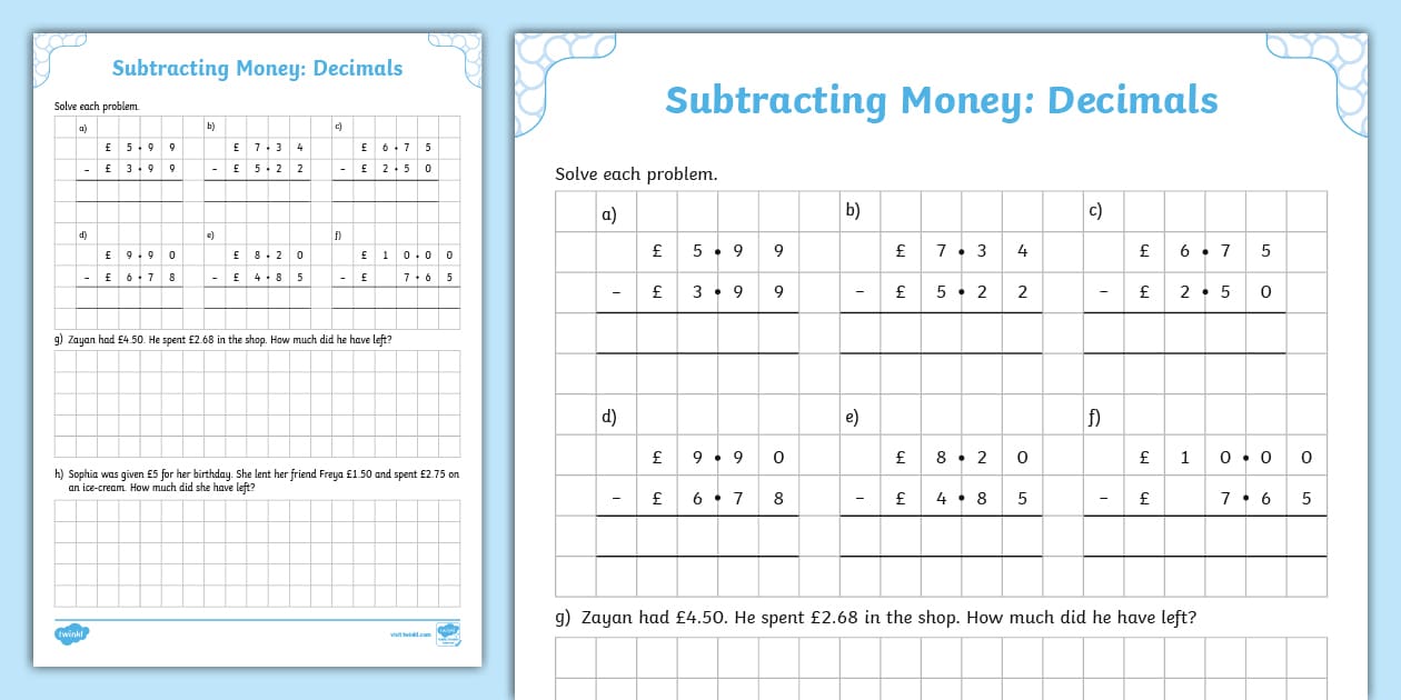 👉 Subtracting Money: Decimals Worksheet (teacher made)