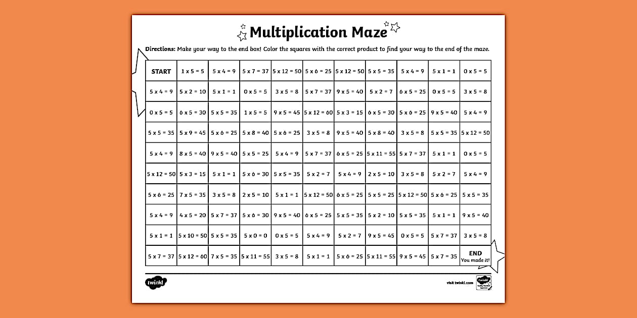 Math Multiplication Maze x 5 Activity for 3rd-5th Grade
