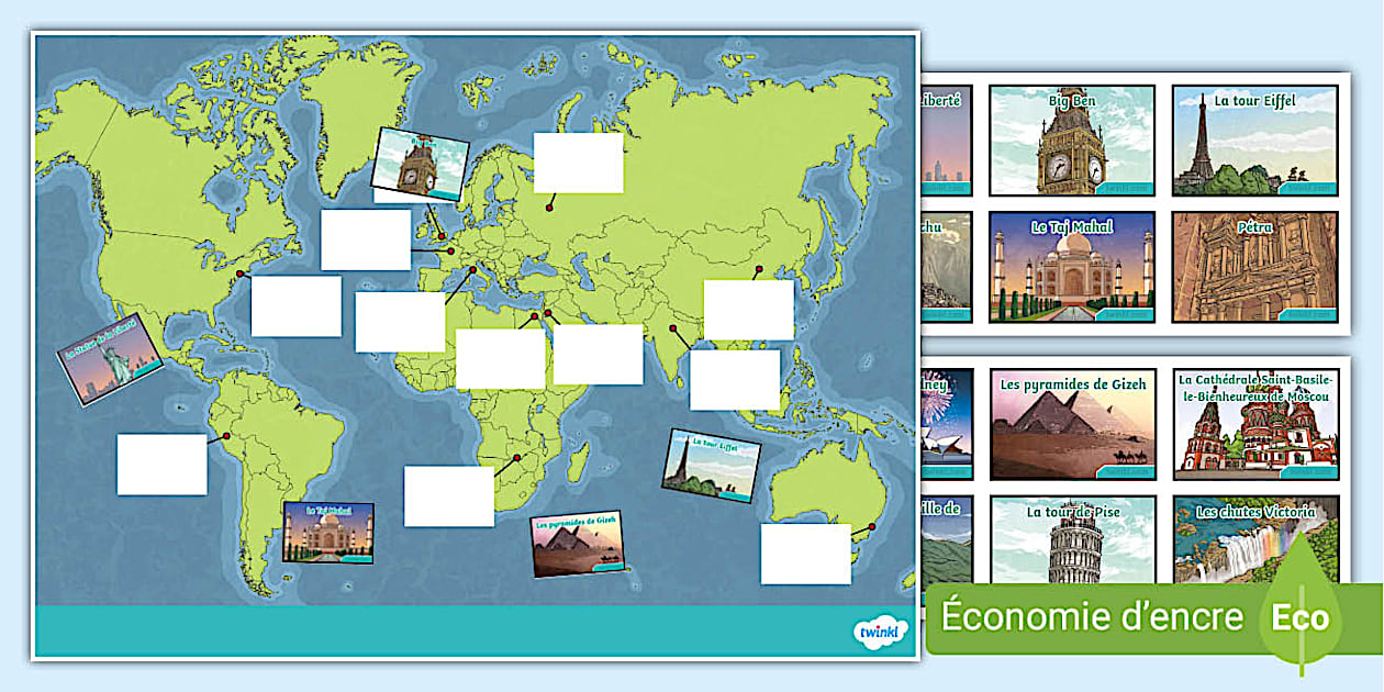 Activité avec images de monuments à coller sur la carte du monde