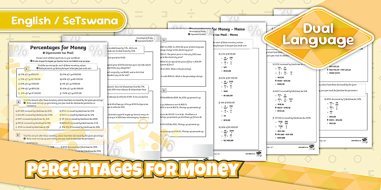 Grade 7 Maths - Term 3 - Percentages for Money Activity Sheet - Tn/Eng