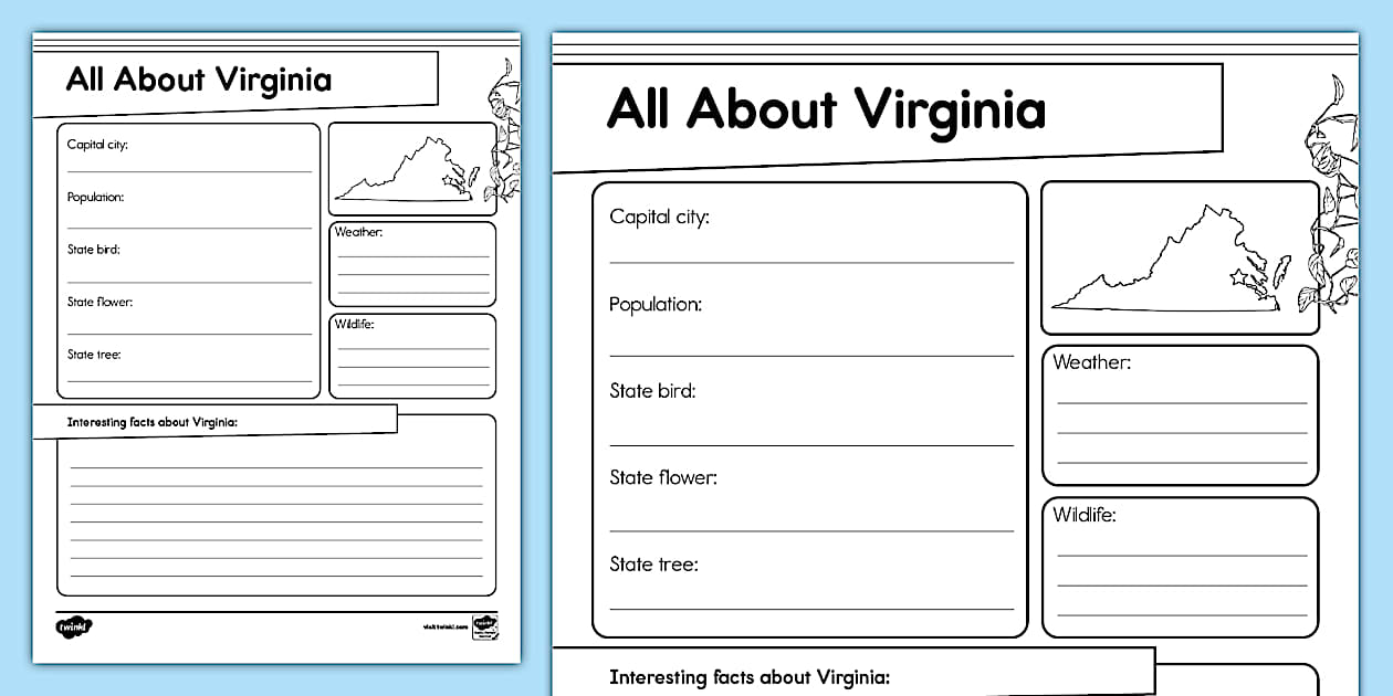 All About Virginia Research Worksheet for K-2nd Grade