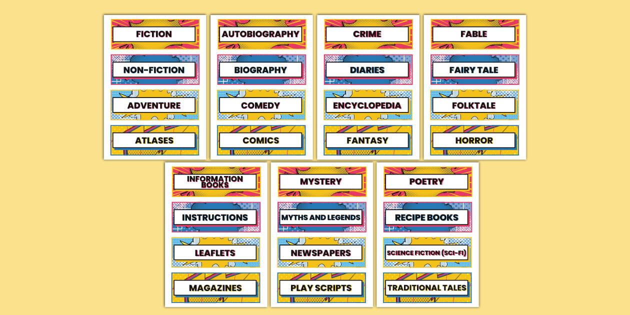 Pop Art Themed Book Genre Library Labels (teacher made)