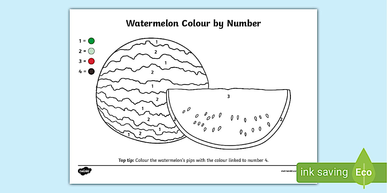 Watermelon Colour-by-Number Worksheet | Twinkl | KS1
