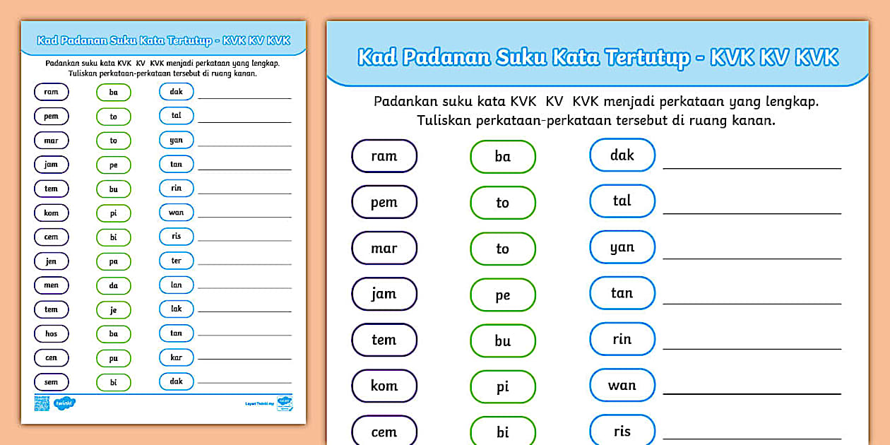 Aktiviti Memadankan Suku Kata Tertutup - KVK KV KVK - Twinkl