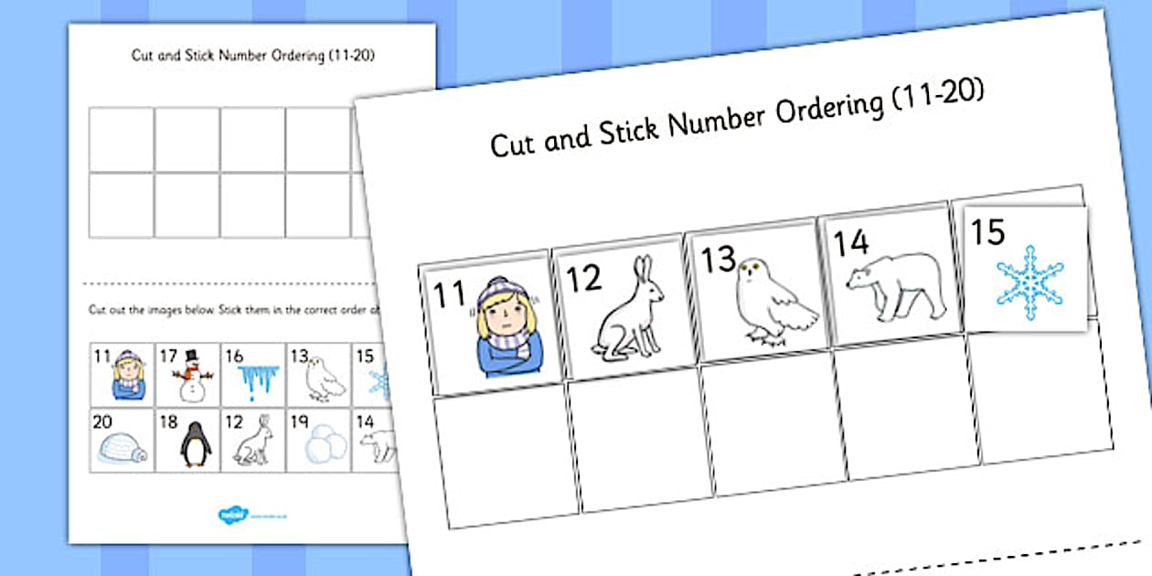 Black and White Winter Themed Cut and Stick Number Ordering Sheets 11-20