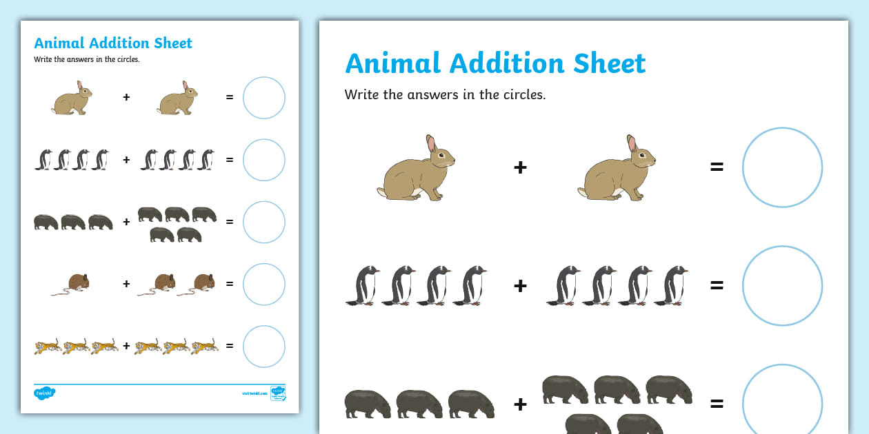 Animal-Themed Addition Sheet (Teacher-Made) - Twinkl