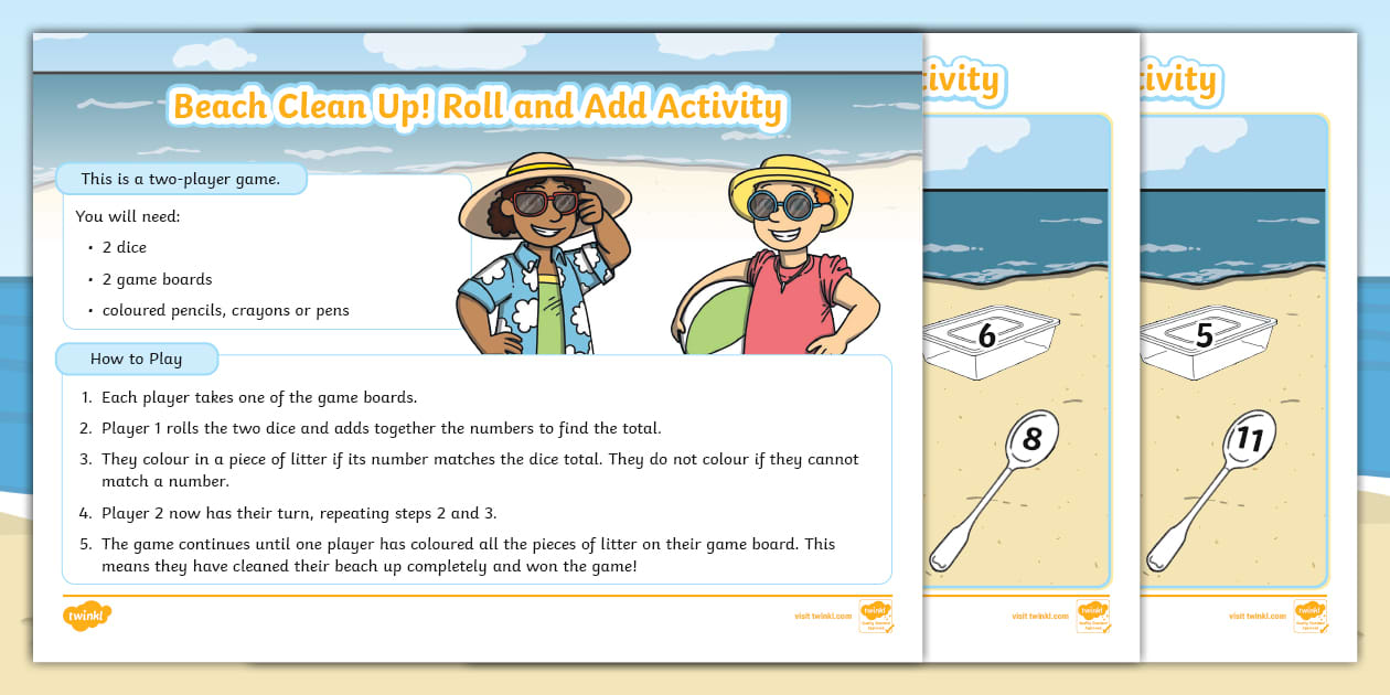👉 Beach Clean Up! Roll and Add Activity - KS1 - Twinkl