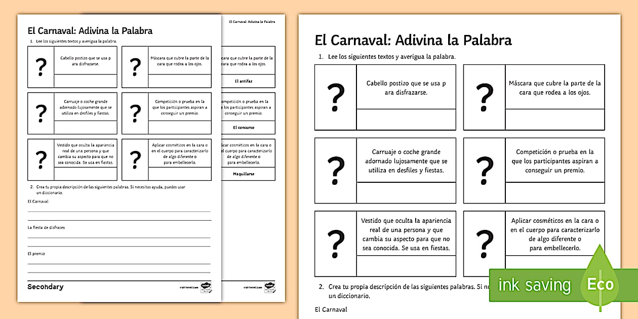 Carnival Guess The Word Worksheet / Worksheet Spanish