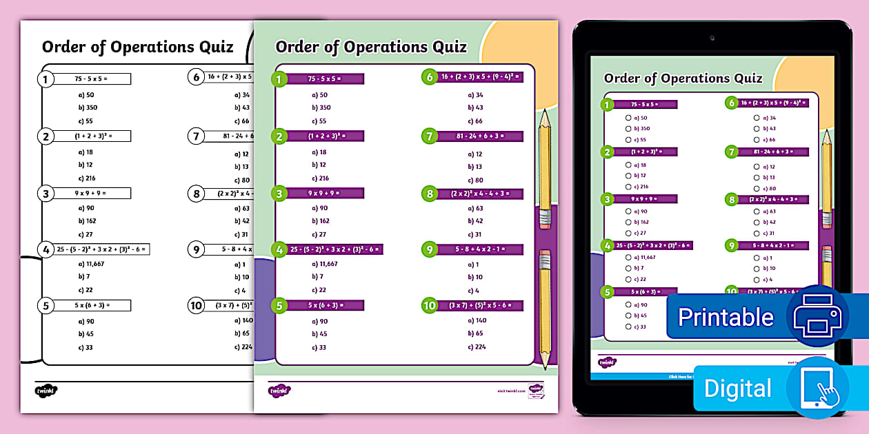 Sixth Grade Order of Operations Quiz (Teacher-Made) - Twinkl