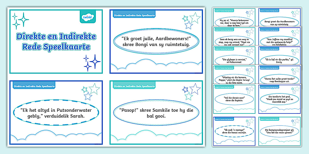 Direkte en Indirekte Rede Speletjie Kaarte (teacher made)